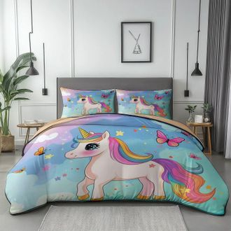 Generic Bettwäsche 150 x 200 cm Mikrofaser Bettbezug Cartoon Regenbogen Einhorn Motiven Bettbezug Atmungsaktiver Bettbezug Set mit 2 Kissenbezüge Aprikose Dru