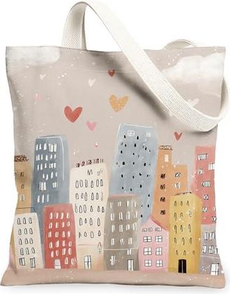 Generic Sacs fourre-tout en toile motif paysage urbain, b&acirc;timents artistiques, sacs d&eacute;picerie r&eacute;utilisables, vintage, l&eacute;gers, lavables &agrave; l&eacute;paule S, beige, 13x