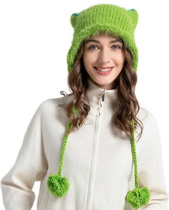 ZLYC Crochet Hat Knit Cat Ear Slouchy Beanie Bonnet, Pompon Vert Fluo, Taille Unique Femmes