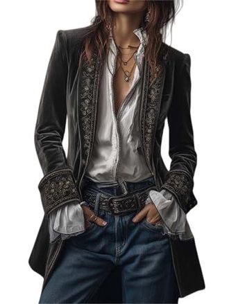 Generic Vintage Marine Polyester Velours Brodé Longue Veste, Velours Blazer Femmes Vintage Pirate Veste Halloween Steampunk Manteau, gris foncé, XXL