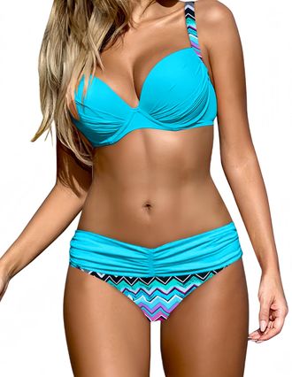 Ocean Plus Damen Gestreiftes Bikini-Set mit Brustpolster Bikinis Push Up mit B&uuml;gel Zweiteiliger Bademode (XXL (EU 52-54), Himmelblaue Geometrie)