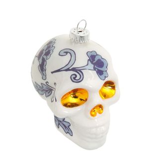 Krebs Glas Lauscha Baumschmuck Totenkopf Chinoiserie Wei&szlig; 10 cm - mundgeblasen & handdekoriert - exklusiver Glasanh&auml;nger f&uuml;r au&szlig;ergew&ouml;hnliche Weihnachtsdeko