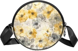 Generic Petit sac &agrave; bandouli&egrave;re circulaire pour femme, motif feuilles florales, sac &agrave; dos avec fermeture &eacute;clair, bretelles r&eacute;glables, sac &agrave; main rond d&eacute;contra