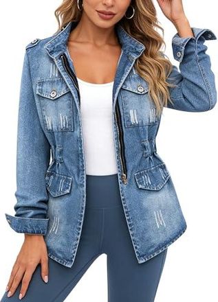 Generic Veste en jean l&eacute;g&egrave;re et d&eacute;contract&eacute;e pour femme, manches longues, fermeture &eacute;clair, coupe courte, style oversize tendance avec poches, bleue, taille 3