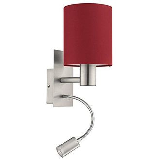 Eglo Applique murale Pasteri, lampe textile chambre avec LED lecture, fixation murale m&eacute;tal argent et tissu bordeaux-brun, douille E27