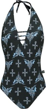 Gothicana by EMP Femme Maillot de Bain Noir avec Dragons Bleus M