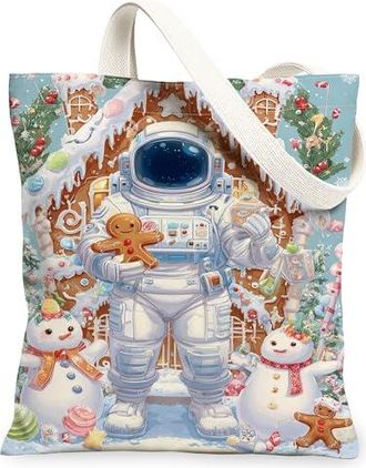 Generic Sacs fourre-tout fantaisistes en toile avec impression maison en pain d&eacute;pices, sacs r&eacute;utilisables, vacances dhiver, l&eacute;gers et lavables, Bleu, 13x15 In