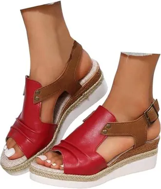 Generic Sandales compensées pour femme - Espadrilles en cuir pour femme - Bout ouvert - Sangle de cheville - Décontractées - Élégantes - Pour lété - Plate-for