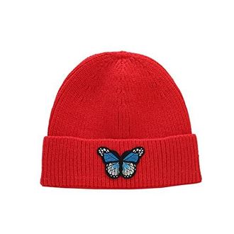 Generic Bonnet de ski en tricot chaud pour femme Motif papillon brod&eacute;, Rouge, Taille unique