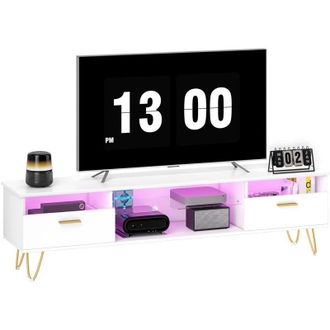 HOMCOM Meuble TV - HOMCOM - LED RGB de 16 couleurs - 2 tiroirs et &eacute;tag&egrave;re ouverte - MDF - 160x35x42cm - blanc