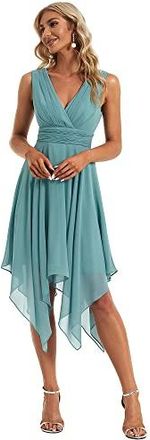 Ever-pretty Robe de Soirée Longue Femme Asymétrique Col en V en Mousseline de Soie Plissé Classique Bleu fumé 54