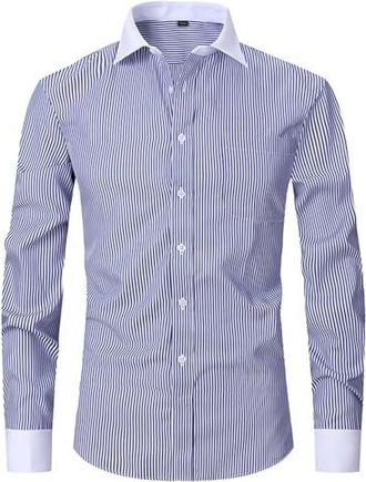 Generic Chemise daffaires en lin pour homme - Coupe droite - Manches longues - Ray&eacute;e - &Eacute;l&eacute;gante chemise de loisirs avec boutonni&egrave;re - Couleur unie - Chemise p