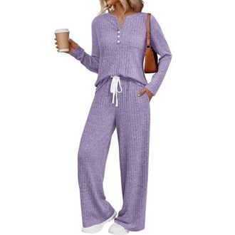 Generic MJGkhiy Pyjama dhiver pour femme en molleton molletonn&eacute; 2 pi&egrave;ces Ensemble de nuit en tricot &agrave; manches longues et pantalon incurv&eacute; chaud pyjama long do