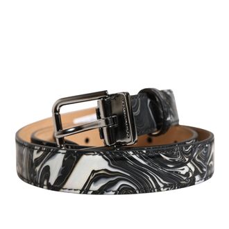 Dolce & Gabbana Men Black Marble Leather Metal Buckle Belt Calf