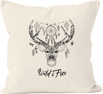 Autiga Kissenbezug Hirsch Geweih Traumf&auml;nger Mandala Boho Bohamian Atzec 40x40 Baumwolle Natur Pullover