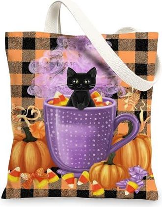 Generic Sacs fourre-tout en toile pour Halloween, motif chat mignon, citrouille, sacs dépicerie réutilisables, rustiques, chics, légers et lavables avec bando