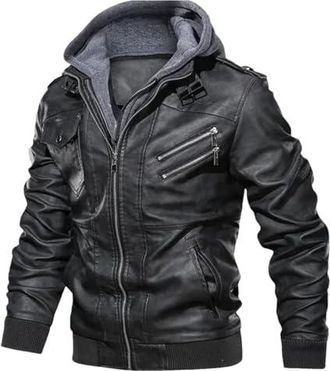 Generic Veste militaire en cuir PU avec capuche et fermeture &eacute;clair pour homme, 2907 Noir, XXL