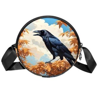 Generic Sac &agrave; bandouli&egrave;re rond pour femme, petit sac &agrave; bandouli&egrave;re avec fermeture &eacute;clair, bretelles r&eacute;glables, style d&eacute;contract&eacute;, motif corbeau