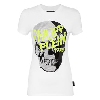 Philipp Plein Femme, Tops, Blanc, Taille: 40 FR T-Shirt Col Rond T&ecirc;te de Mort Strass