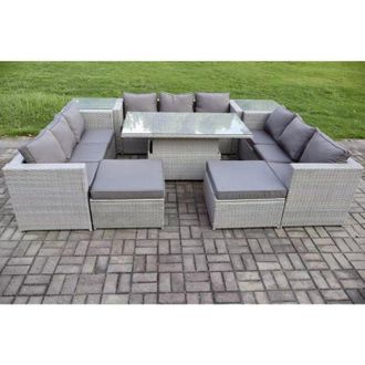 Fimous Meubles &agrave; manger de jardin en rotin 2 canap&eacute;, Table &agrave; manger r&eacute;glable en hauteur et 2 Table dappoint, 2 Tabourets pour Pelouse Terrasse Int&eacute;rieure