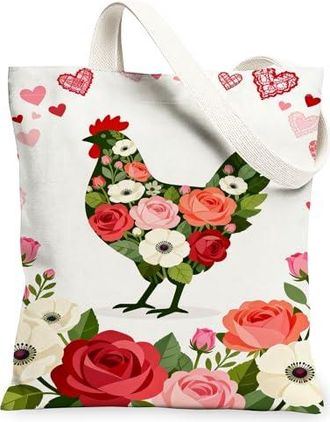 Generic Sacs fourre-tout en toile de poule floral, motif rose, sacs d&eacute;picerie r&eacute;utilisables, sacs d&eacute;picerie printaniers, vintage, l&eacute;gers et lavables avec band