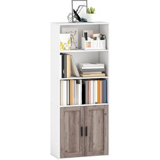HOMCOM Biblioth&egrave;que - HOMCOM - 5 niveaux - avec compartiments ouverts et 1 placard - pour salon, bureau - 60 x 30 x 149,5 cm - blanc