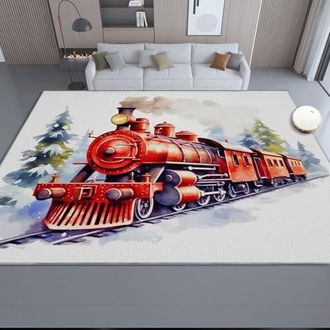Generic Blanc Tapis pour Salon 140 x 200 cm, Lavables avec Dos Antid&eacute;rapant, Tapis &agrave; Poils Courts Imprim&eacute; No&euml;l D&eacute;co Train pour Cuisine Salle &agrave; Manger Bureau e