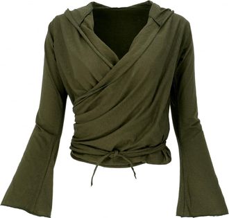Guru Shop Wickelshirt, Yogashirt, Langarmshirt mit Trompetenärmeln - Olivgrün, Damen, Baumwolle, Size:M