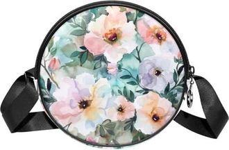Generic Petit sac &agrave; bandouli&egrave;re rond pour femme, motif floral aquarelle avec fermeture &eacute;clair, bretelles r&eacute;glables, sac &agrave; main rond d&eacute;contract&eacute; pour femmes et