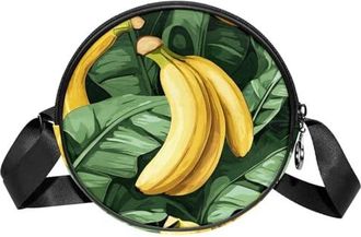 Generic Sac &agrave; bandouli&egrave;re rond pour femme, imprim&eacute; feuille de bananier avec fermeture &eacute;clair, bretelles r&eacute;glables, sac &agrave; main rond d&eacute;contract&eacute; pour femmes et 