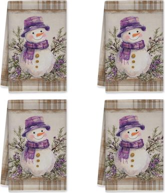 Generic K&uuml;chent&uuml;cher mit Schneemann-Motiv, rustikale Winterm&uuml;tze, Schal, Winter, violett, Mikrofaser, schnell trocknend, Geschirrt&uuml;cher zum Trocknen von Gesch