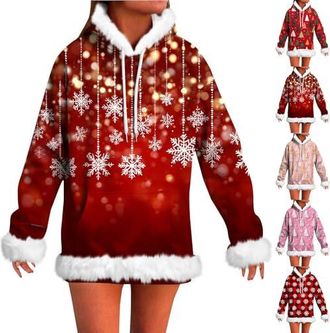 Generic HUIFUAO Sweat à capuche de Noël amusant pour femme avec flocons de neige et sapin de Noël grande taille - Garniture en peluche - Pull à manches longue