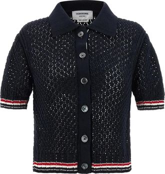 Thom Browne Femme, Tops, Bleu, Taille: 36 FR Hector Pointelle Polo