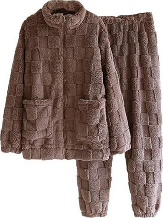 Generic Pyjama corail assorti en polaire avec fermeture éclair intégrale - Vêtements de nuit chauds unisexes - Vêtements de nuit thermiques doux - Col montant