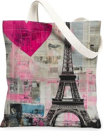 Generic Sacs fourre-tout artistiques vintage en toile motif tour de Paris p&ecirc;che motif coeur, sacs d&eacute;picerie r&eacute;utilisables, l&eacute;gers et lavables en toile pour vo