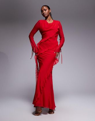 Daska Chiffon-Maxikleid in Rot mit hohem Wasserfallausschnitt und R&uuml;schendetail