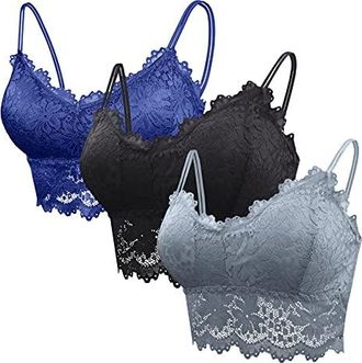 Feoya Damen Blumen Spitzen BH Ohne Buegel 3 pcs Bralette Bustier Bequemer Lace Bra mit Gepolstert Yoga Spitze BH Bra Top Set Sport-BHS für Women