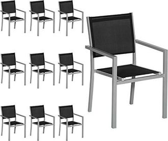 Happy Garden Lot de 10 chaises empilables en Aluminium Gris et textil&egrave;ne Noir
