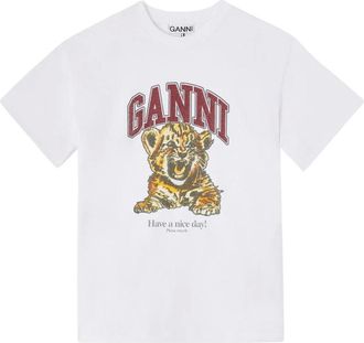 Ganni Femme, Tops, Blanc, Taille: 40 FR T-Shirt Imprim&eacute; B&eacute;b&eacute; Tigre avec Perles en Jersey de Coton Lourd