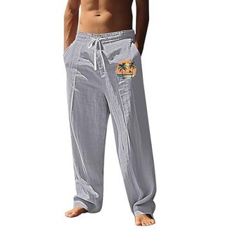 Generic Pantalon en coton et lin pour homme - Style d&eacute;contract&eacute; - Imprim&eacute; noix de coco en 3D - Respirant, gris, 3XL