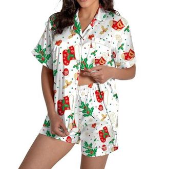 Generic Pyjama court en satin pour femme - Ensemble pyjama de Noël - Deux pièces - Vêtement de nuit doux - Motif mignon - Haut et short de nuit - Combinaison 
