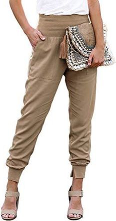 Onsoyours Pantalon Large Femme Pantalon Fluide Hiver Pantalon Femme Taille Haute Elastique Chic Femme Pantalon Droit Decoration avec Ceinture B Kaki XL