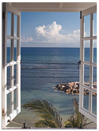 Artland ARTland Wanddeko Wandbild Alu Verbundplatte für Innen & Outdoor Bild 45x60 cm Fensterblick Fenster zum Paradies Strand Meer Maritim Palmen Landschaft 