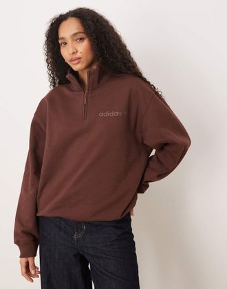 adidas Originals Sweat à col zippé et logo linéaire - Marron-Brown