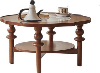 Generic Wohnzimmertisch Klein Eiche Vintage-Stil Lotusform Stubentisch Doppelstöckiger Stauraum Abnehmbare Glasplatte Verstärkte Massivholzbeine Couchtisch fü