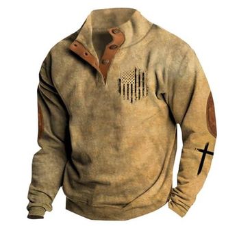 Generic Pull Vintage Homme Drapeau Am&eacute;ricain Croix Chr&eacute;tienne - Col Henley Boutonn&eacute; Patch Coude Renforc&eacute; Manches Longues, Sweatshirt Graphique Unique pour Sty