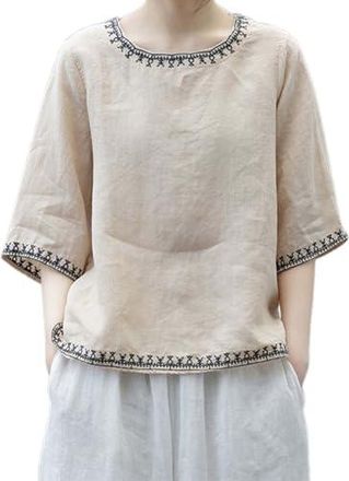 Generic Tunique brod&eacute;e en dentelle boh&egrave;me pour femme - Tunique d&eacute;t&eacute; florale 2025 - Blouses indiennes &agrave; volants pour femmes &acirc;g&eacute;es - Printemps vintage - Lin - C