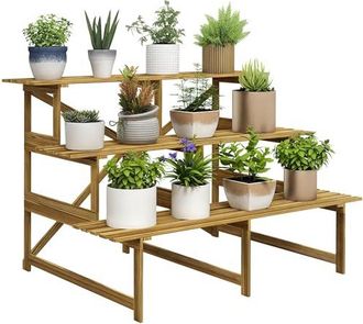 OUTSUNNY 3-Etagen Pflanzenständer, klappbarer 78 cm hoch Blumenständer für Innen Außen, Pflanzenregal aus Holz, Blumenhocker mit Tabletts, Blumentreppe für Woh