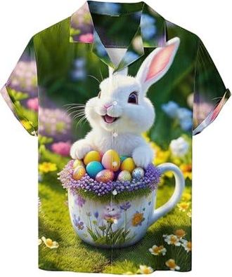 Generic HUIFUAO Chemise de Pâques pour homme avec poche motif oeufs de lapin et lapin, boutonnée, manches courtes, haut de plage hawaïen pour adulte, Z11 Vert
