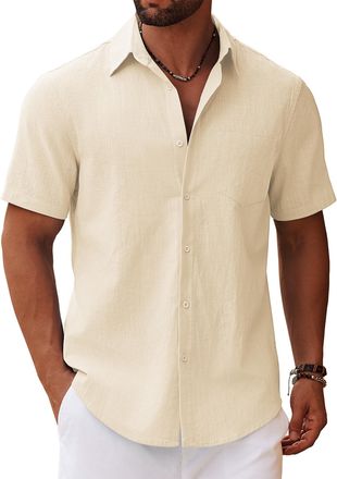 Coofandy Herren Kurzarm Hemden Leichte Sommerhemden Leinenhemd Kurzarmhemd Freizeithemd Baumwollhemd Strandhemd Sommer Shirt Kurzarm Casual Beige XXL